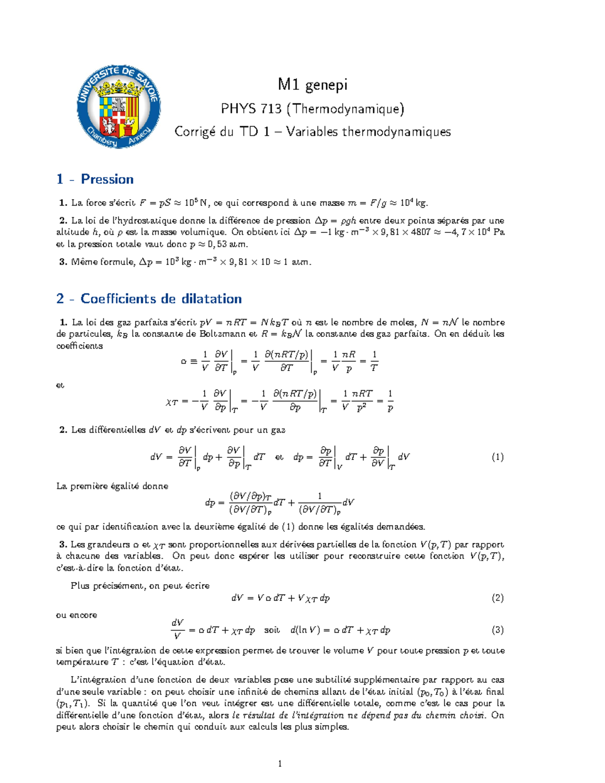 Correction du TD #1 - M1 genepi PHYS 713 (Thermodynamique) Corrig´e du TD 1 – Variables - Studocu