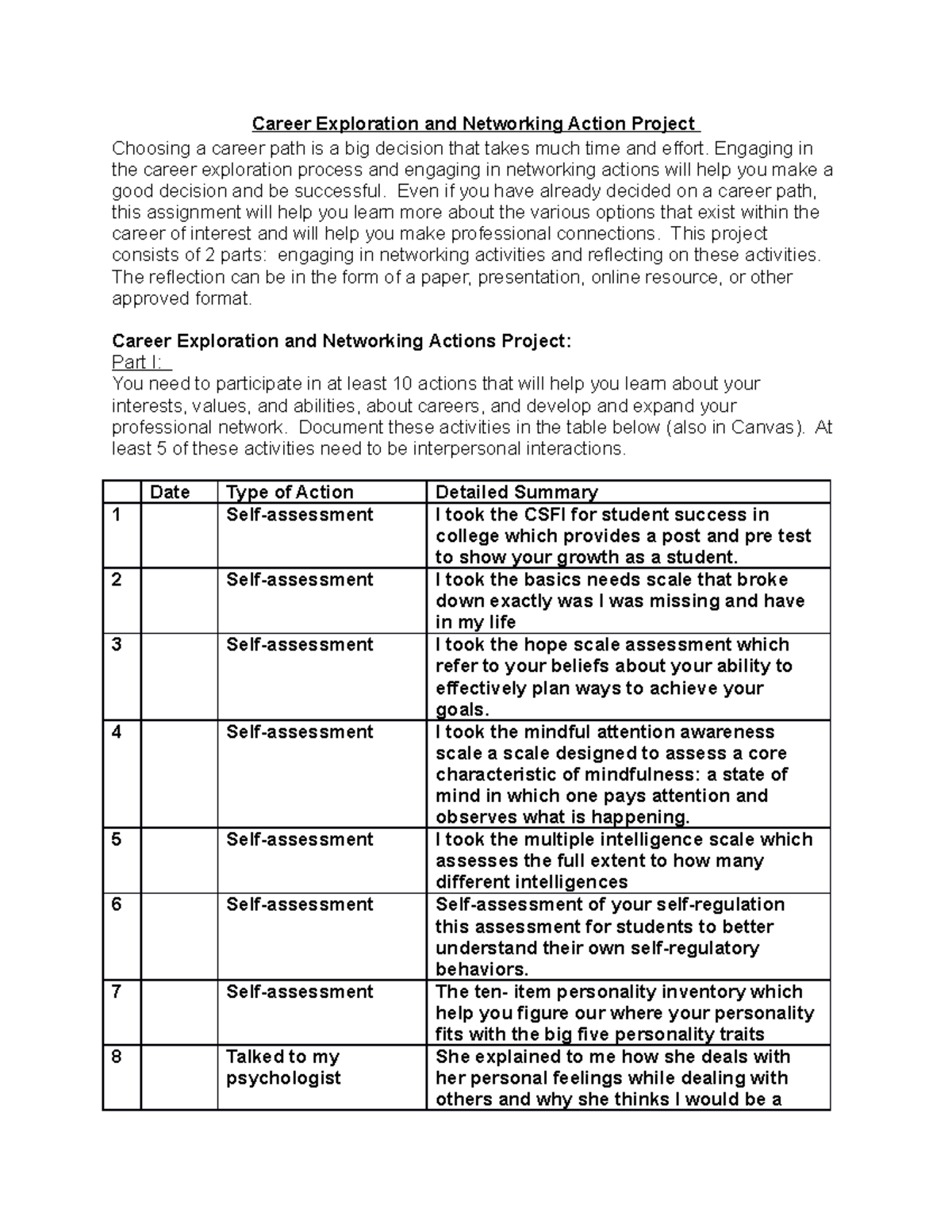 Career Exploration and Networking Action Project - Engaging in the ...