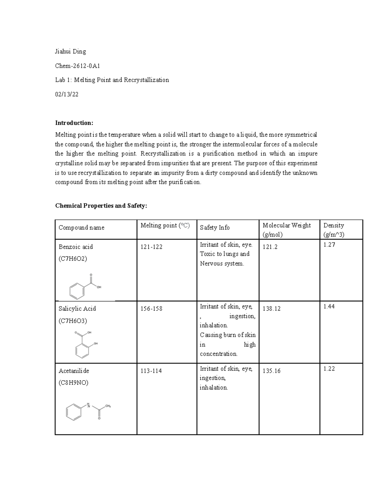 Chem-2612-0A Melting Point and Recrystallization Lab Report - Studocu