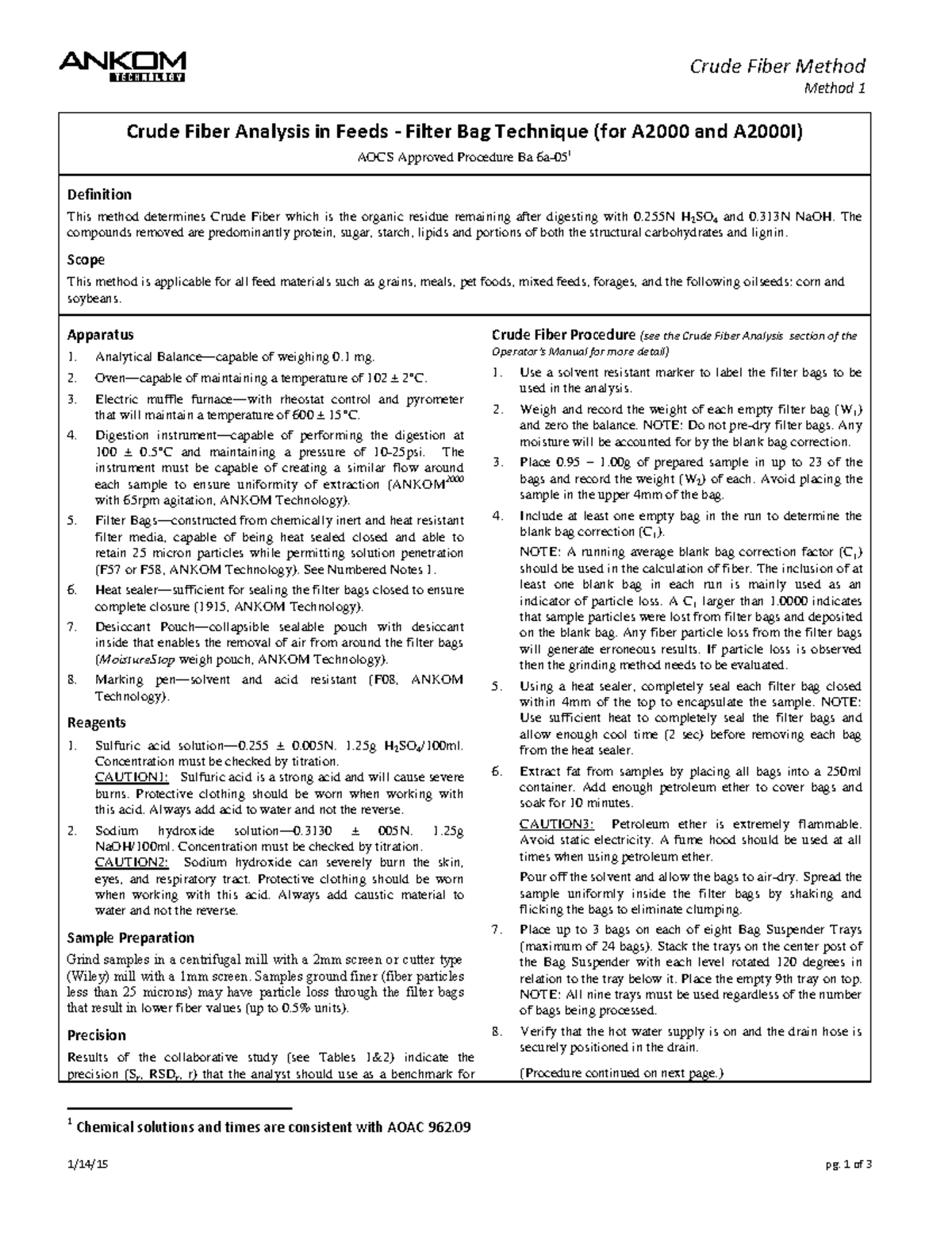 Crude Fiber Analysis Method 1: AOCS Ba 6a-05 for Feeds - Studocu
