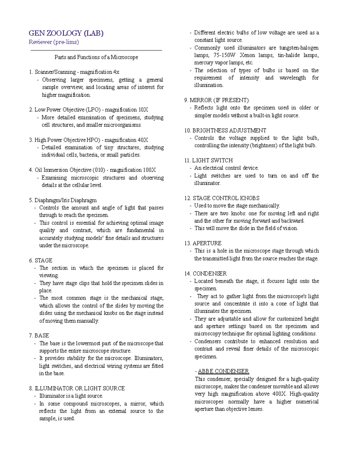 GEN ZOOLOGY (LAB) Microscope Parts & Functions Overview - Studocu