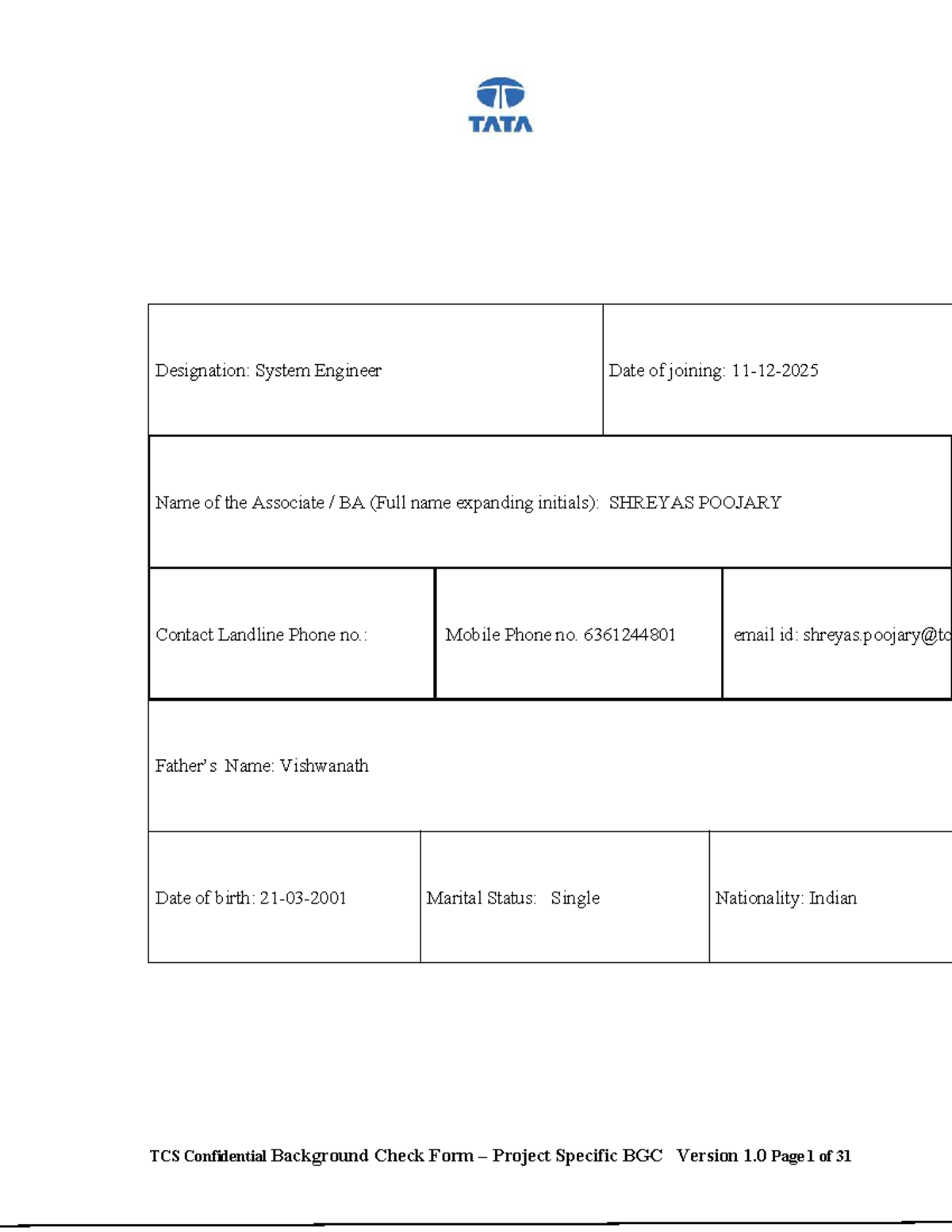 Shreyas Poojary BGC - System Engineer Background Check Form - Studocu