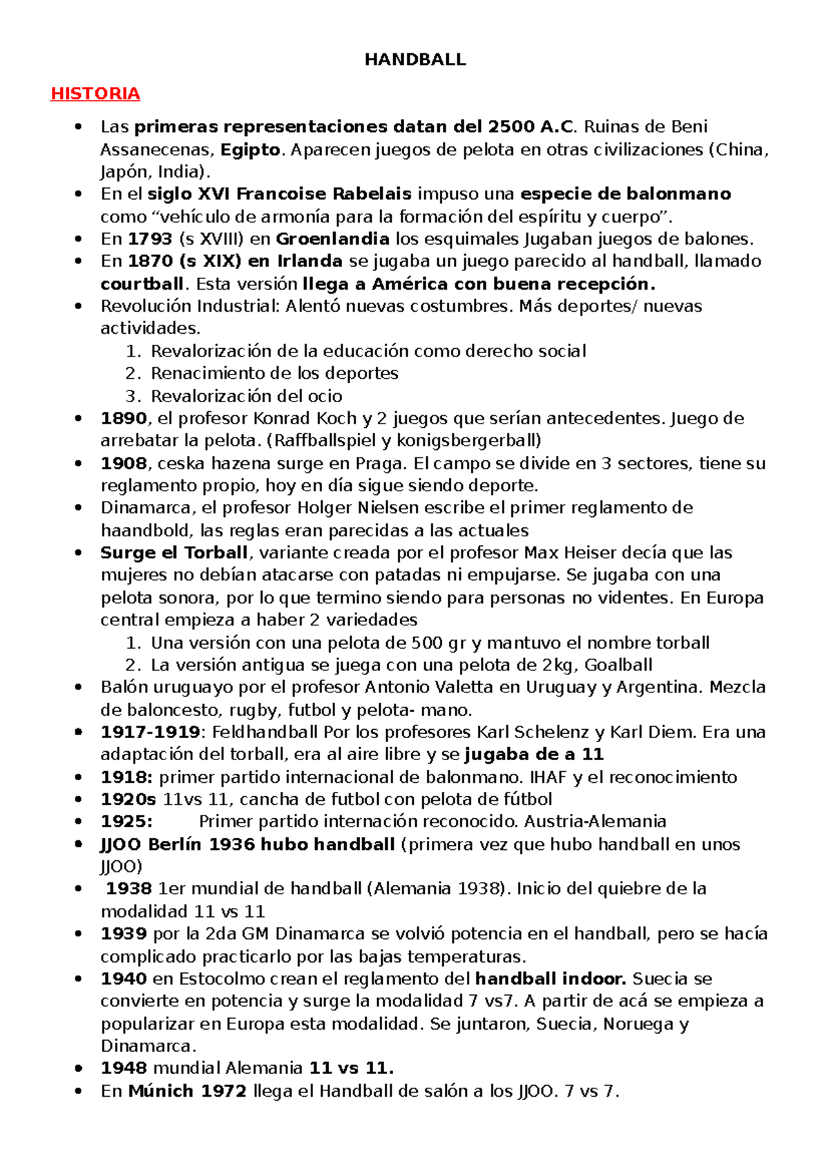 Historia del Handball: Desde sus Orígenes hasta la Actualidad - Studocu
