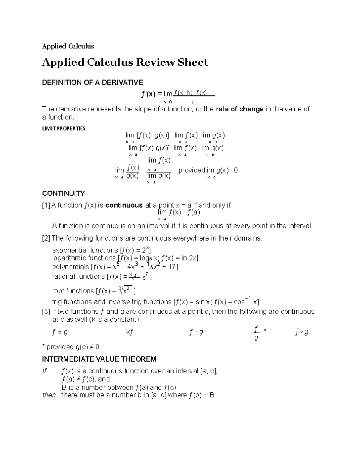 REV - These are lecture notes for Applied Calculus. These are from an ...