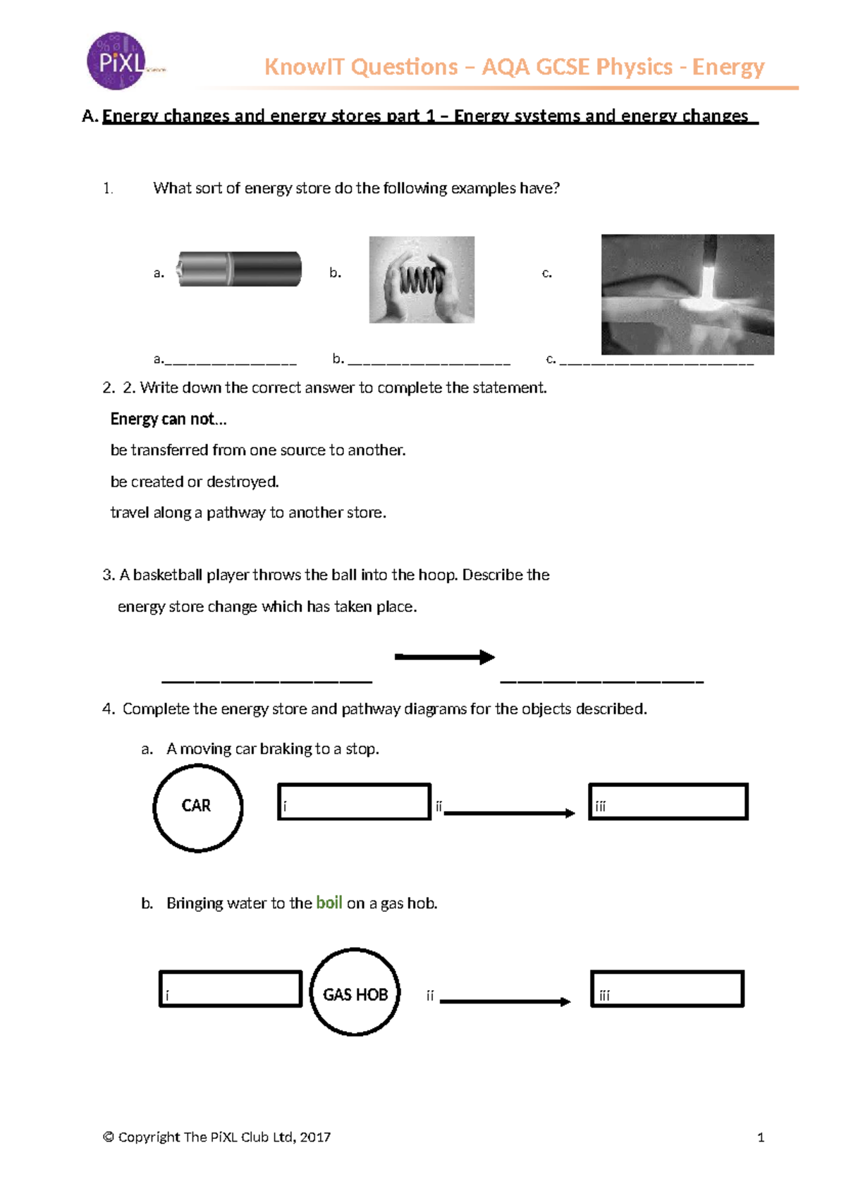 AQA GCSE Physics Energy KnowIT Questions: Energy Changes & Systems ...