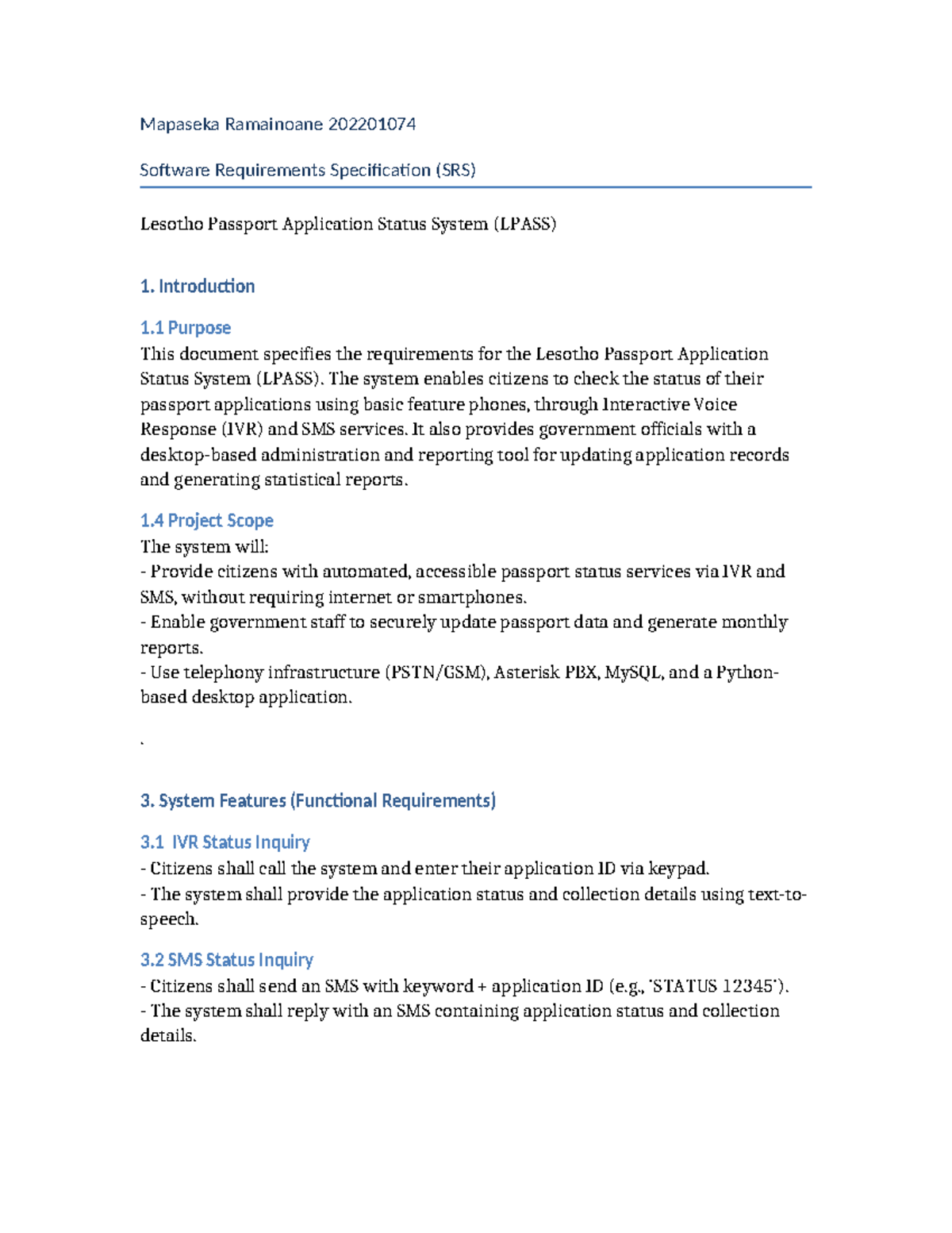 LPASS SRS Document: Lesotho Passport Application Status System - Studocu