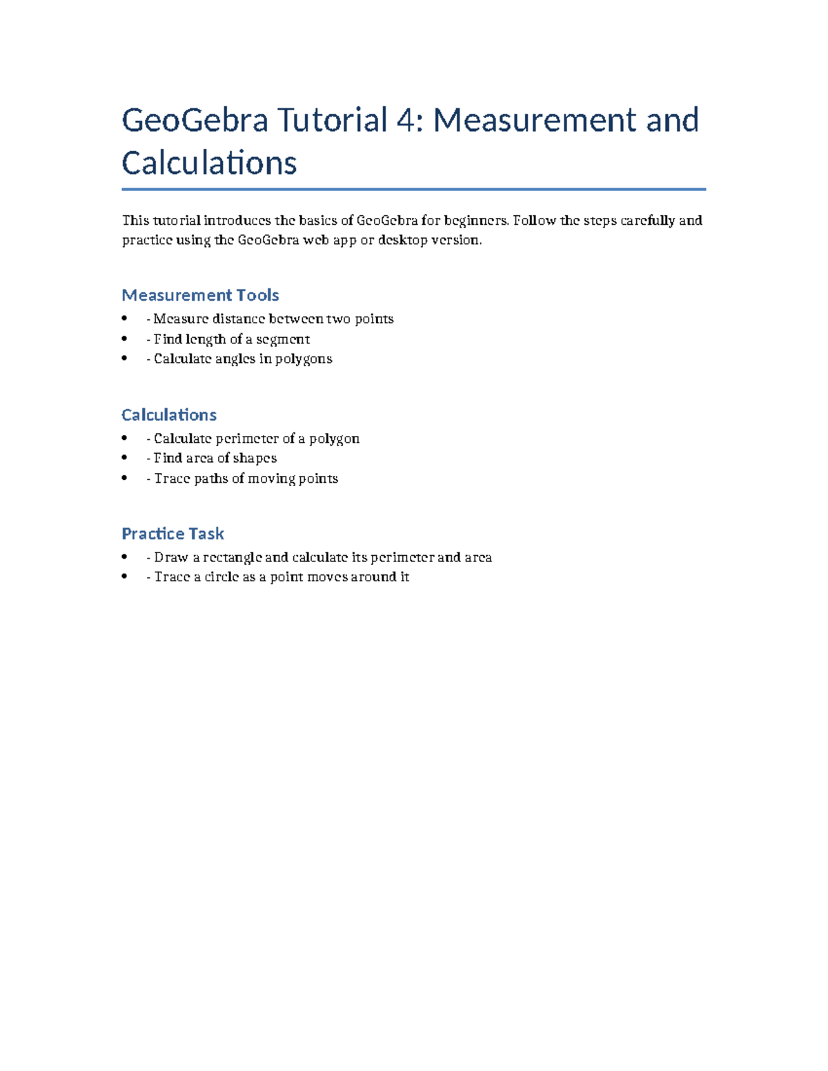 Geo Gebra Tutorial 4 Measurement and Calculations - GeoGebra Tutorial 4 ...