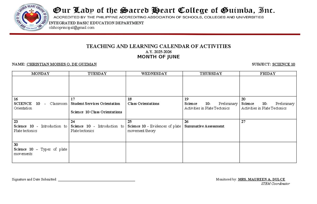 Science 10 Teaching & Learning Calendar A.Y. 2023-2024 - Studocu