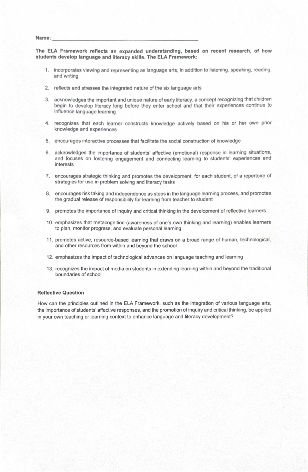 ELA Framework Insights for Language & Literacy Development - EL103 - Studocu