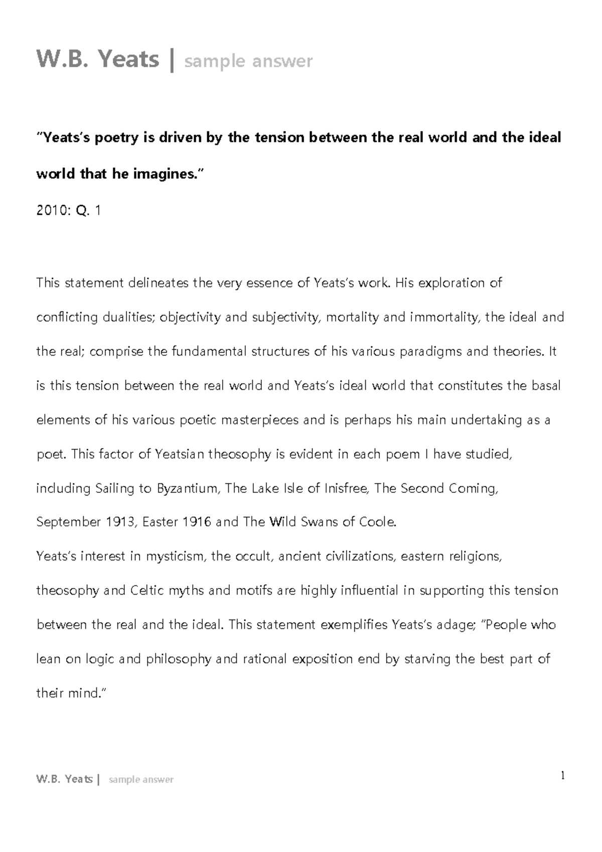 W.B. Yeats Essay Notes: Exploring Reality and Idealism in Poetry - Studocu