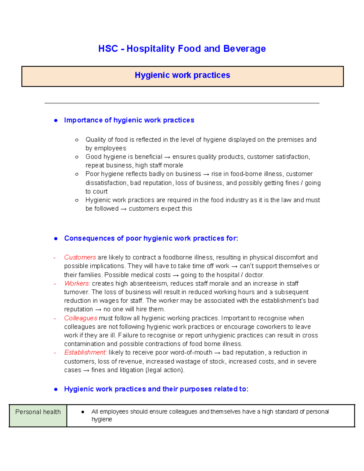 HSC Hospitality Lecture Notes: Hygienic and Safe Work Practices - Studocu