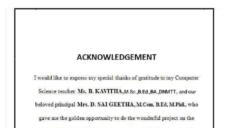 Acknowledgement for Project on Management - CS 2025 - Studocu