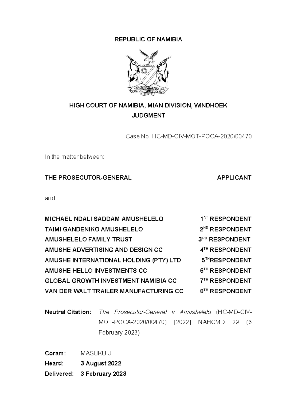 The Prosecutor-General v Amushelelo: Judgment on Preservation Order (HC ...
