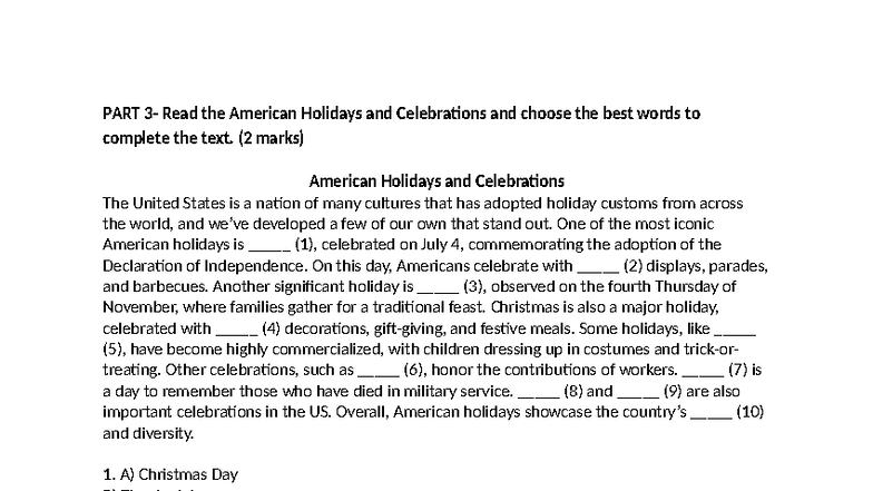 Test America - Paragraph Completion on Holidays and Economy - Studocu