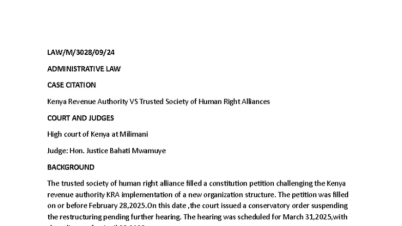ADMIN LAW CASE STUDY: KRA vs Trusted Society of Human Rights - Studocu