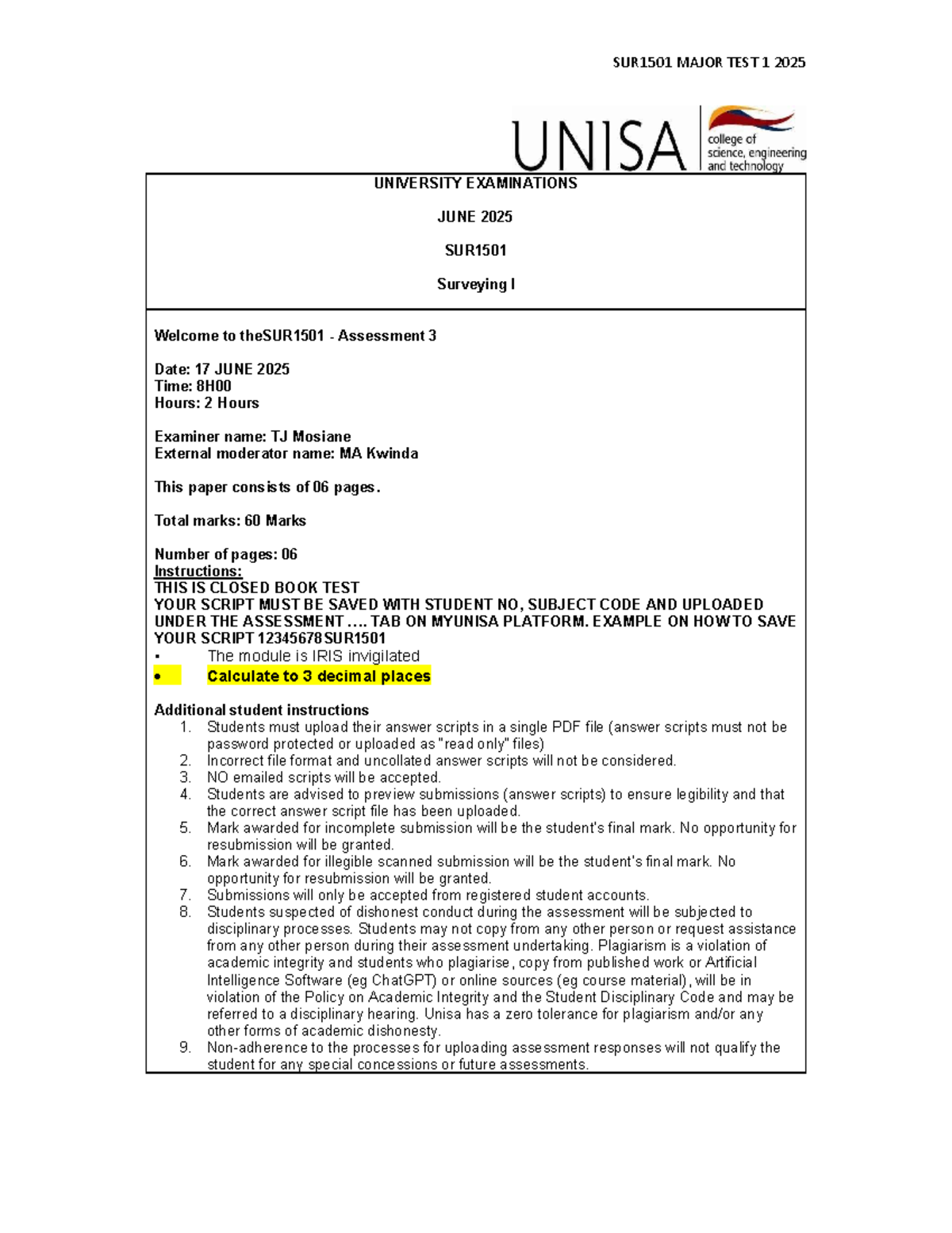 SUR1501 MAJOR TEST 1 2025: Surveying I Exam Instructions & Questions ...