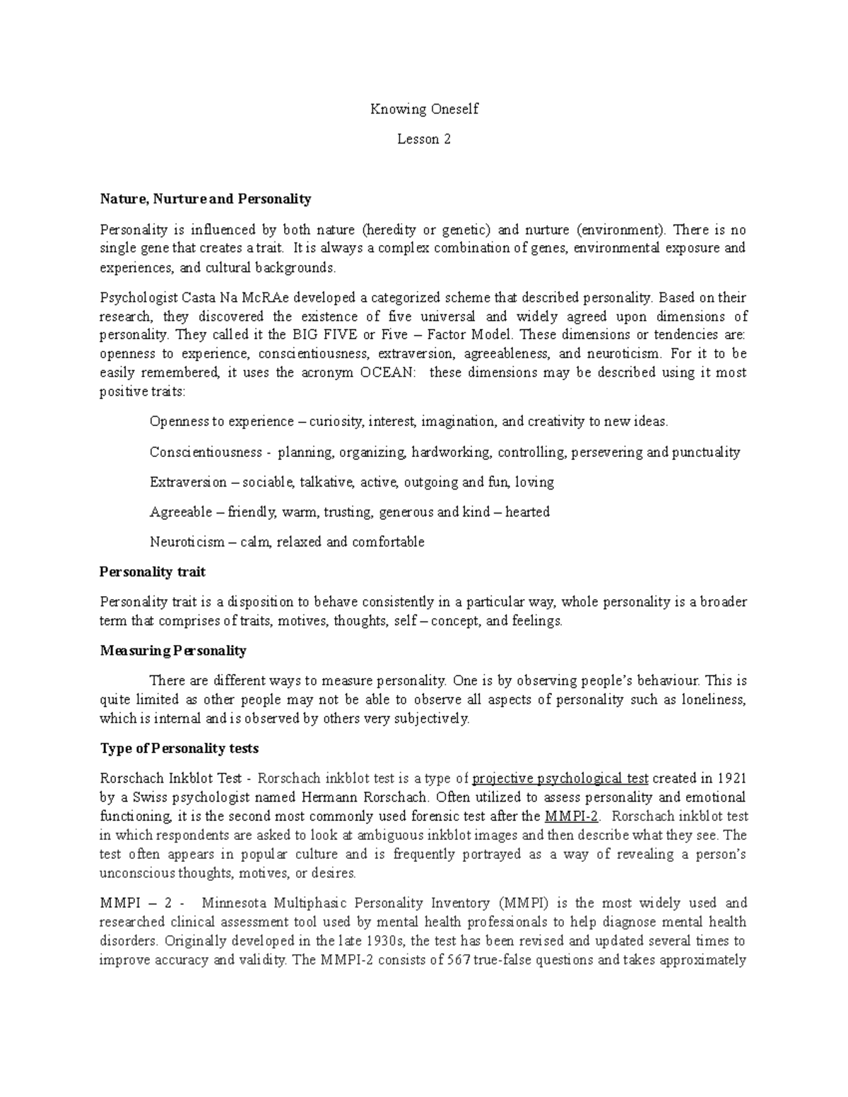 Lesson 2: Exploring Nature, Nurture, and Personality Traits - Studocu