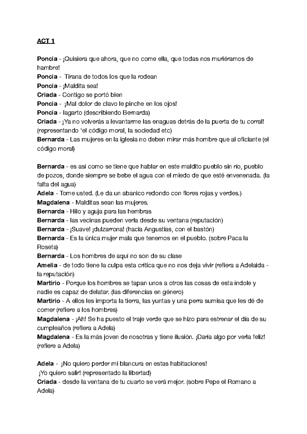 La Casa de Bernarda Alba: Análisis de Citas Clave del Acto 1 y 2 - Studocu