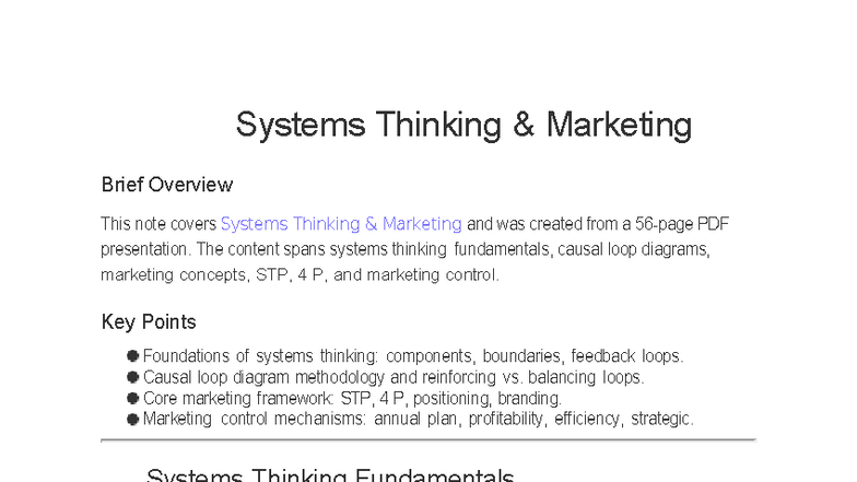 SST301 Study Unit 1: Overview of Systems Thinking in Marketing - Studocu