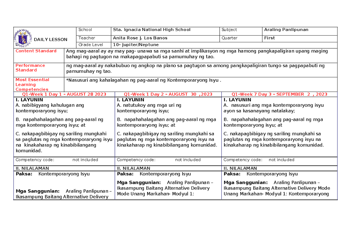 AP10 DLL Q1-W1 - Daily Lesson Log for Kontemporaryong Isyu - Studocu