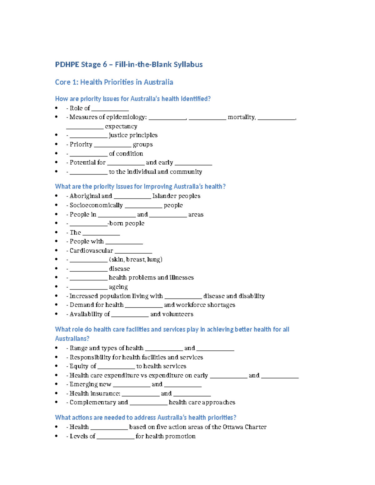 PDHPE Stage 6 Fill-in-the-Blank Notes: All Cores & Options - Studocu
