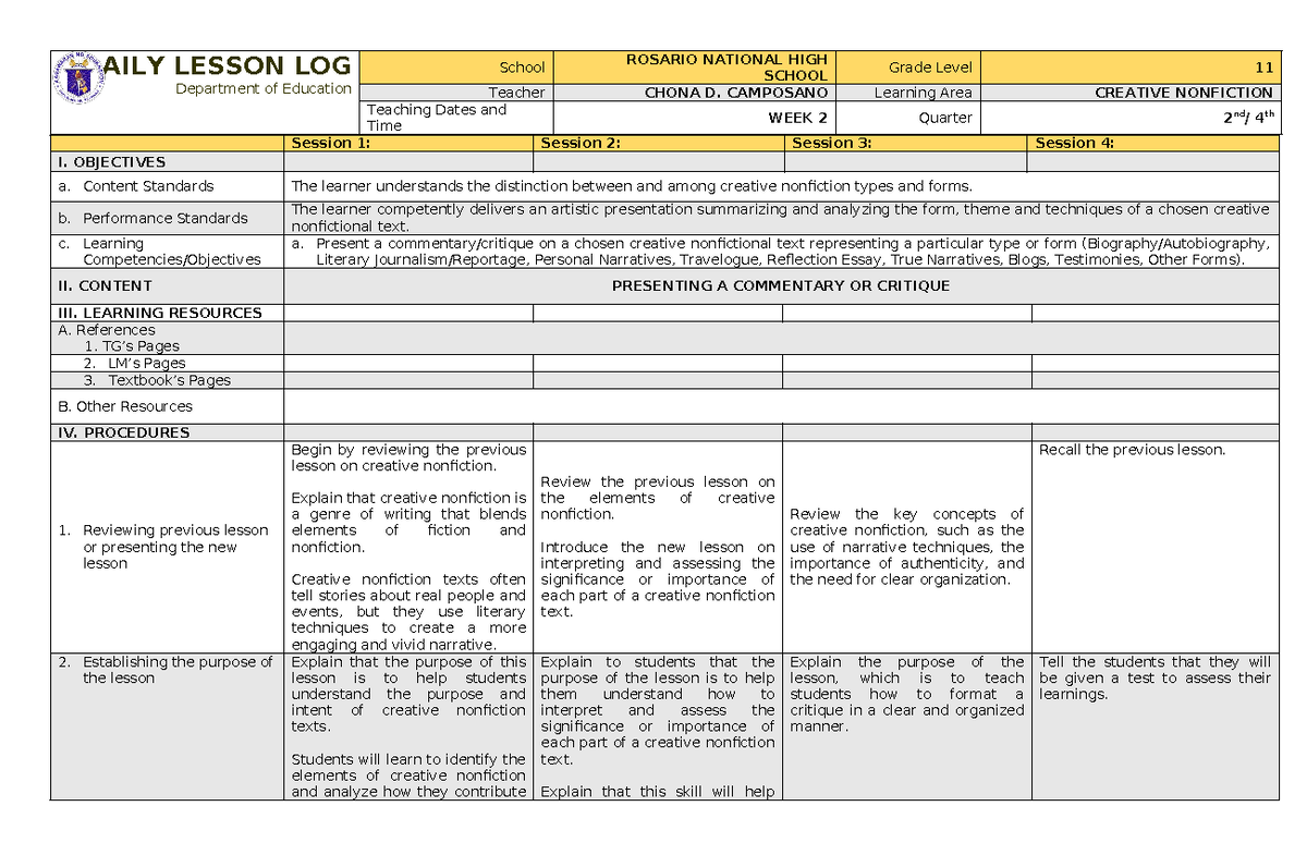 Creative Nonfiction 1 Q2 Week 2 Lesson Plan and Activities - Studocu