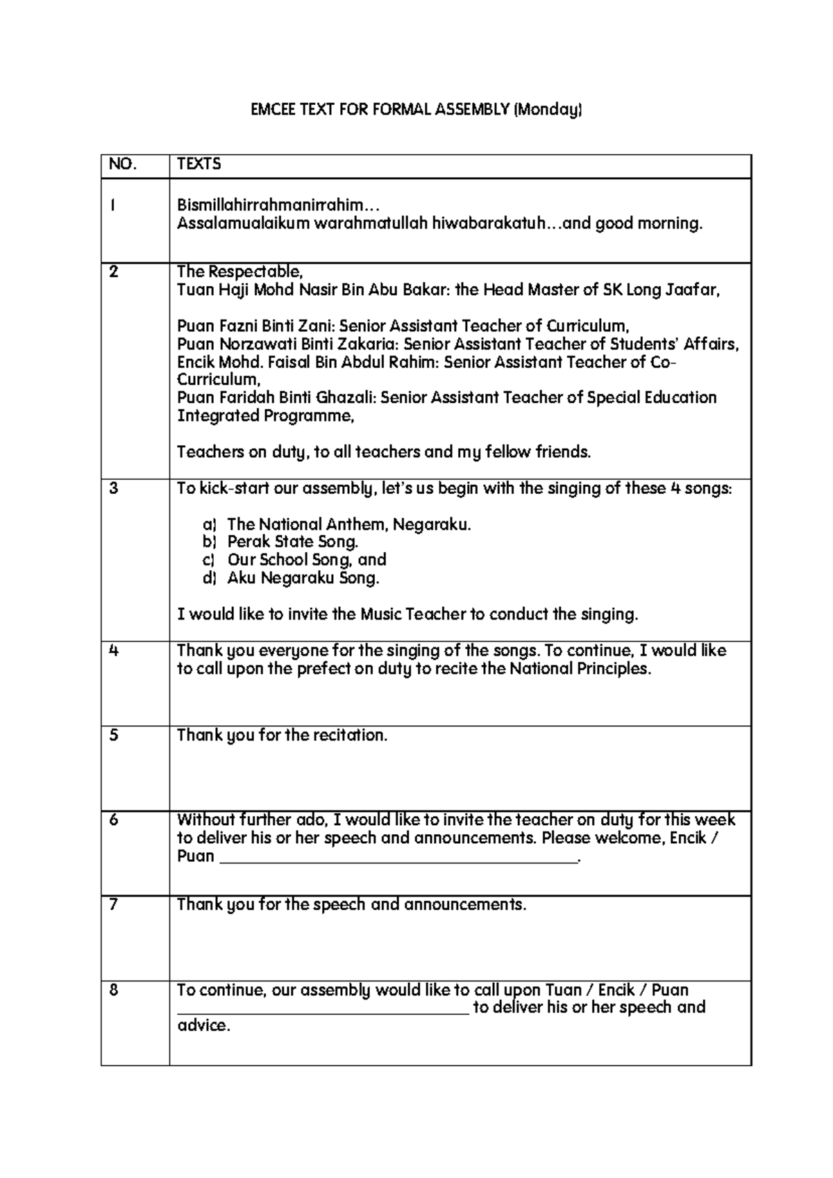 Emcee Text for Formal Assembly (Monday) - Guidelines and Script - Studocu