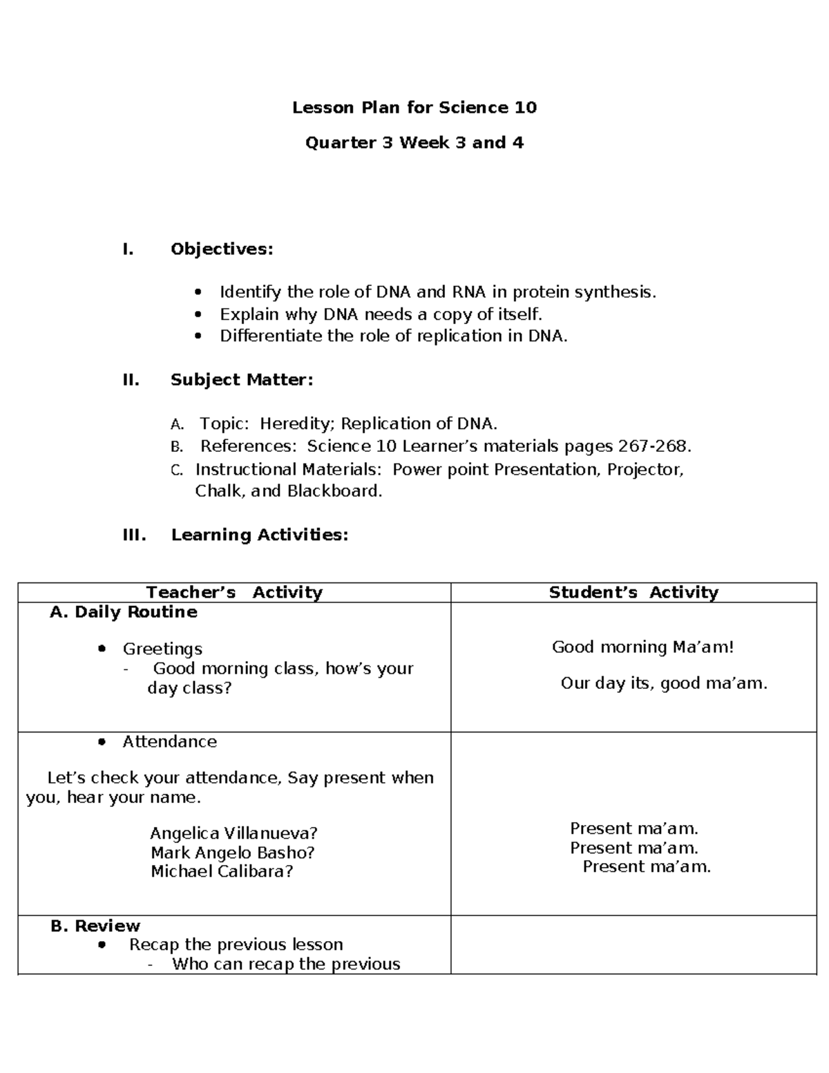 Lesson Plan for Science 10 - 2nd Quarter: DNA Replication Activities ...