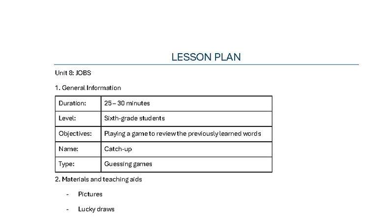 LESSON PLAN Unit 8: JOBS - Engaging Guessing Game Activities - Studocu