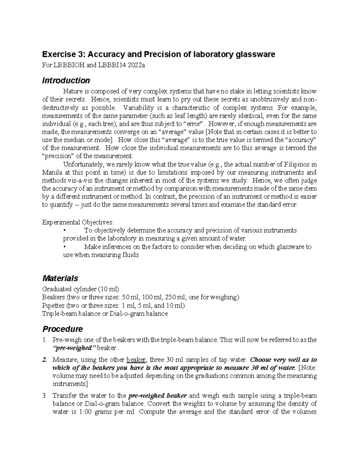 Exercise 3: Analyzing Accuracy and Precision of Lab Glassware (LBBBIOH ...