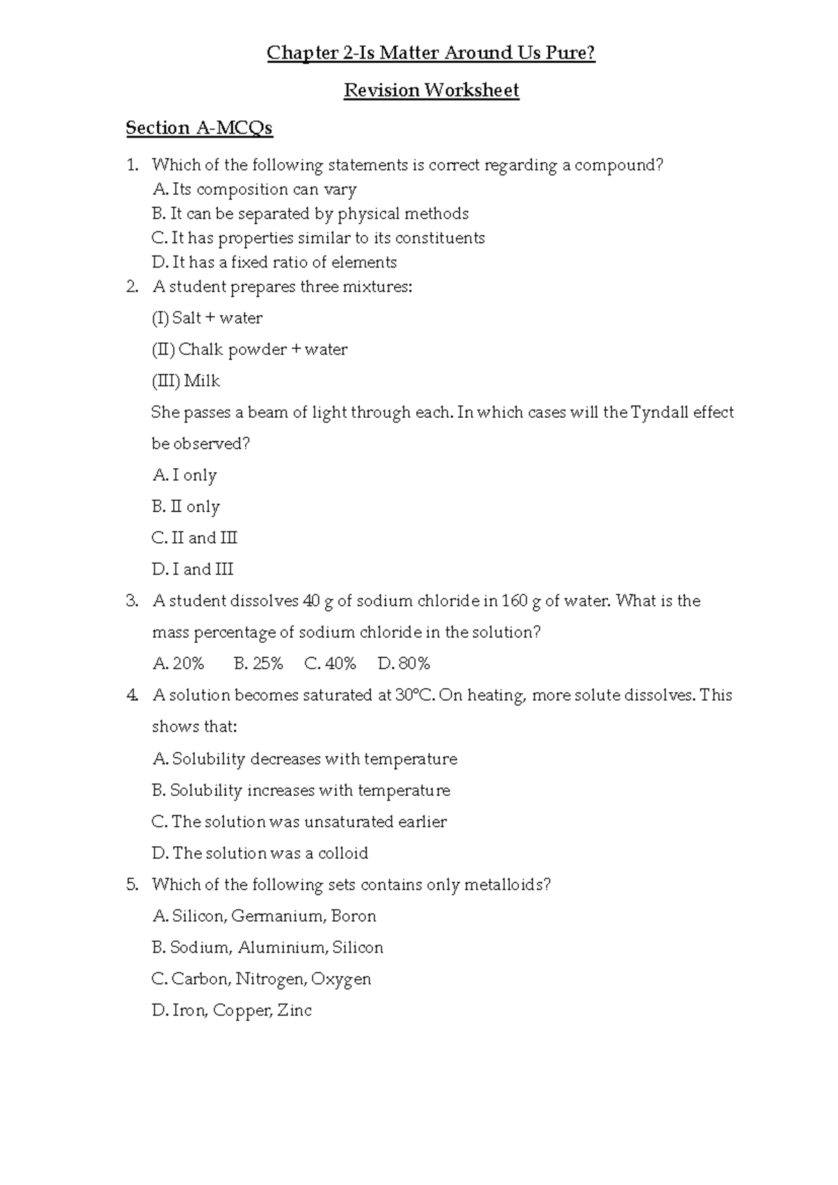 Chapter 2 Revision Worksheet: Matter Around Us - Key Concepts - Studocu