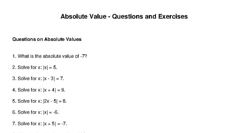 Absolute Value Exercises and Solutions (Math 101) - Studocu