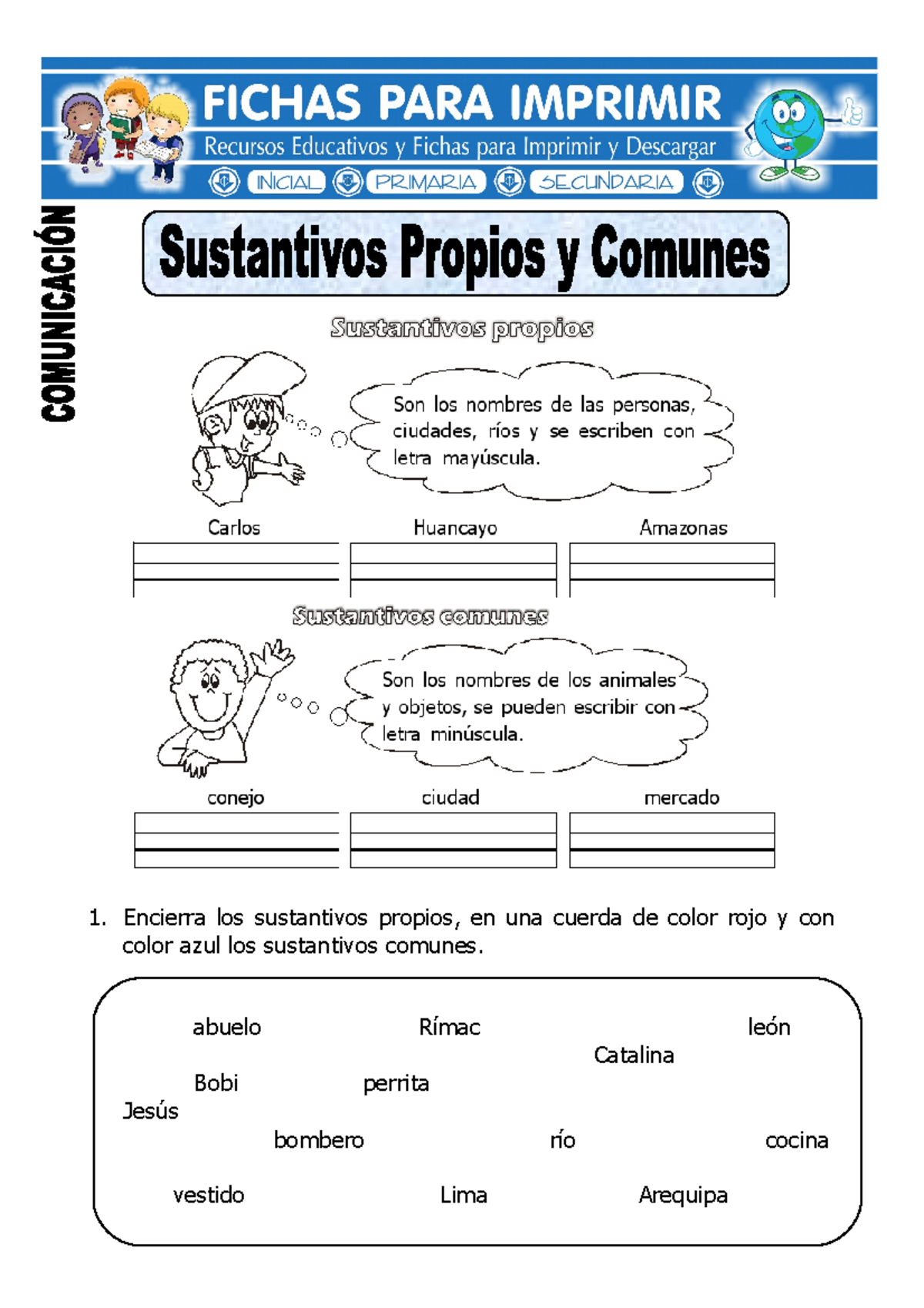 Ficha de La Sustantivos Propios y Comunes para Primero de Primaria ...