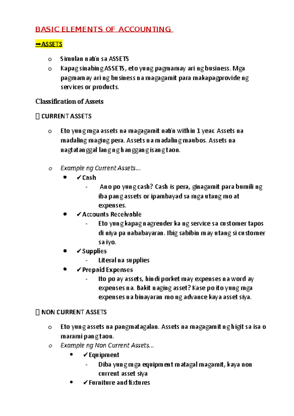 BSA 101: Basic Elements of Accounting - Asset & Liability Notes - Studocu