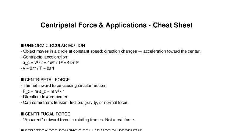 Centripetal Force Applications Cheat Sheet: Uniform Circular Motion ...