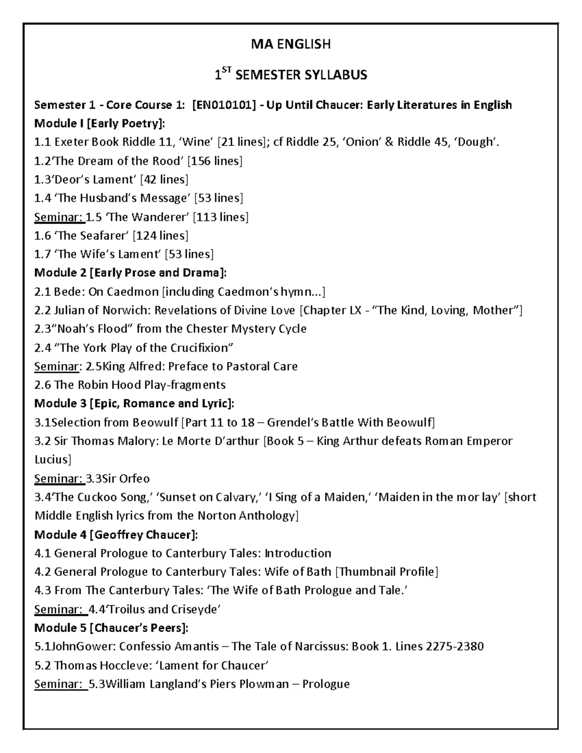 1ST SEM MA ENGLISH Semester 1 Syllabus: Core Courses Overview - Studocu