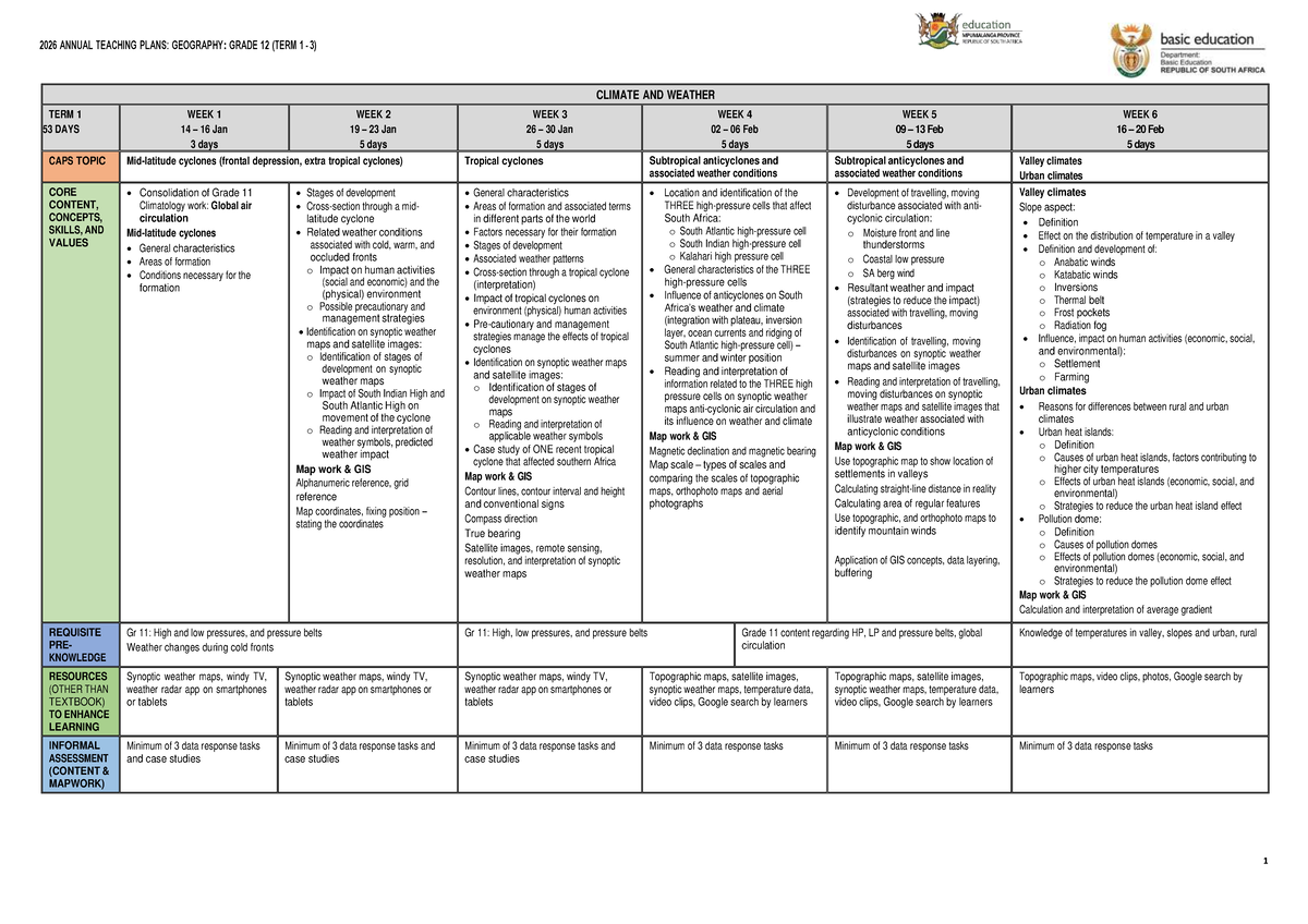 2026 ANNUAL TEACHING PLANS: GEOGRAPHY GRADE 12 (FINAL EXAM) - Studocu