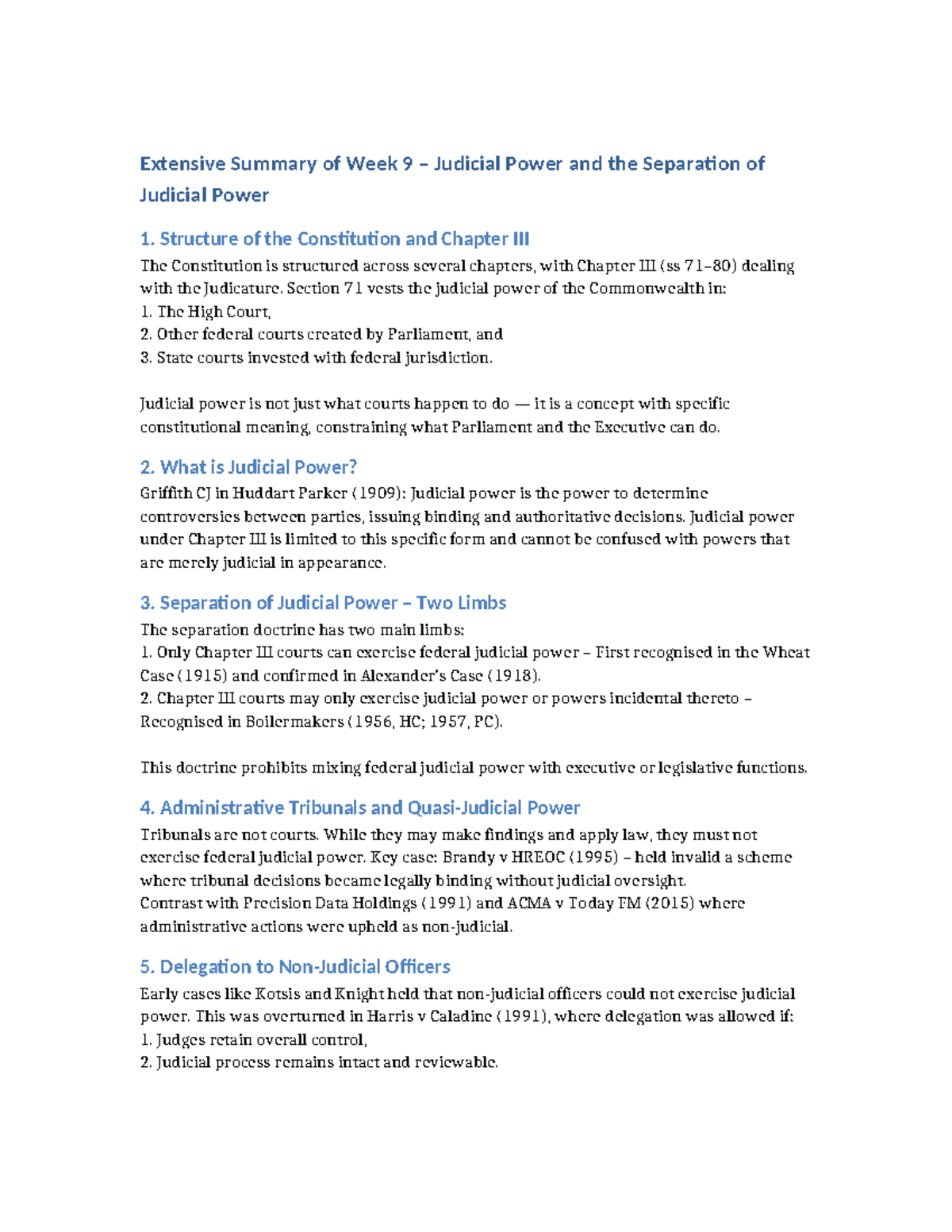 Week 9 Summary: Judicial Power & Separation of Powers in the ...