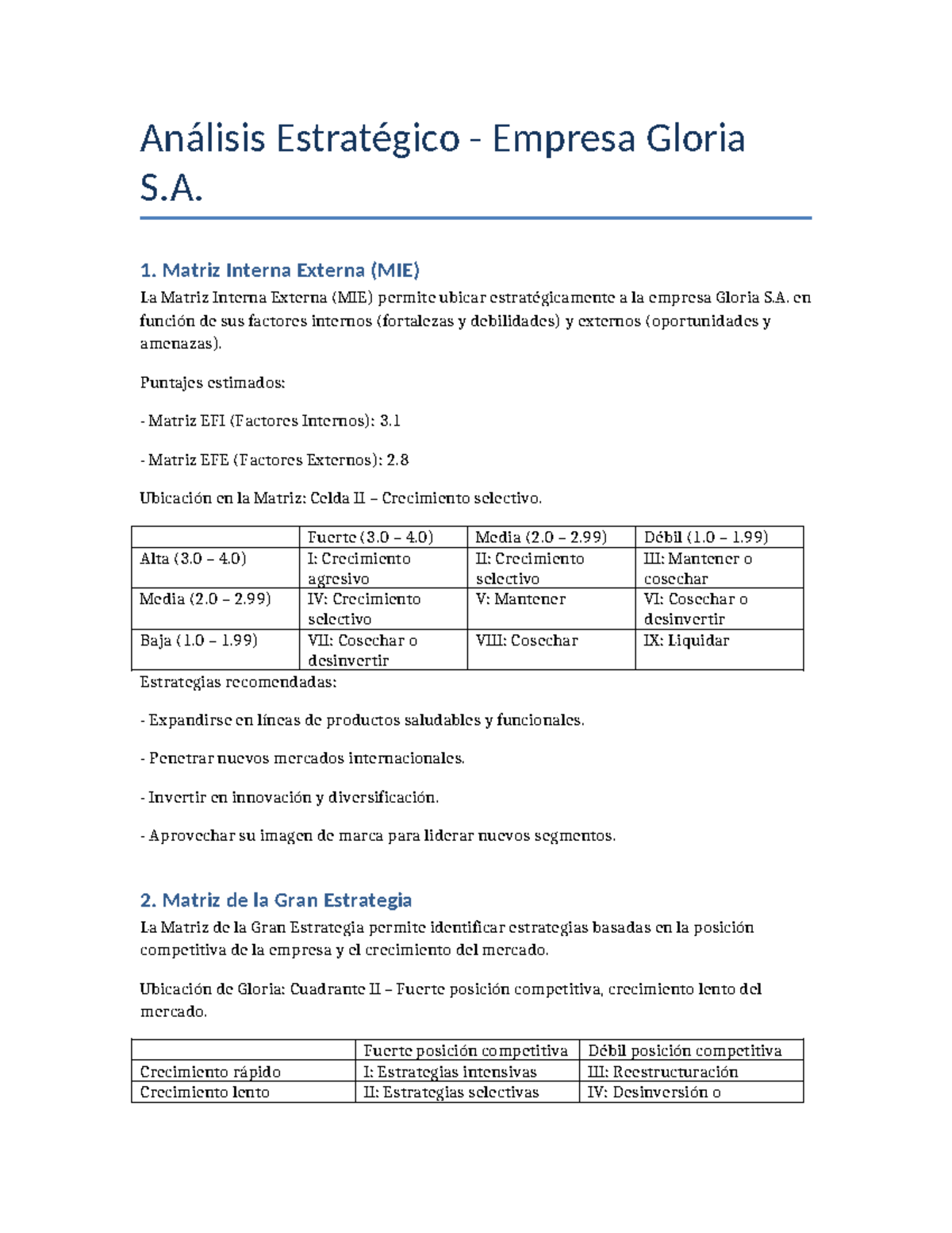 Análisis Estratégico de Gloria S.A. - Matriz Interna y Externa - Studocu