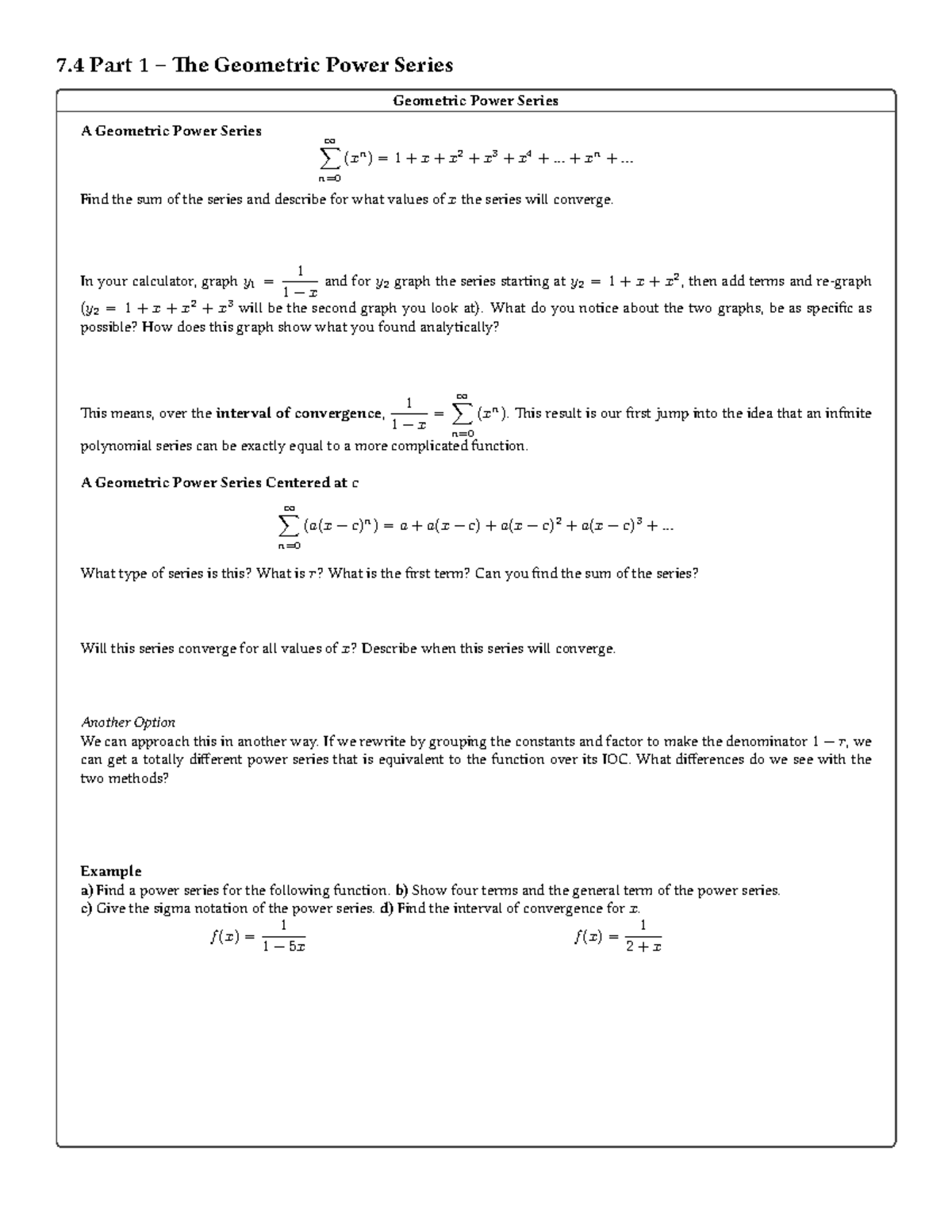 U7L4.1 - Geometric Power Series: Convergence & Graph Analysis - Studocu