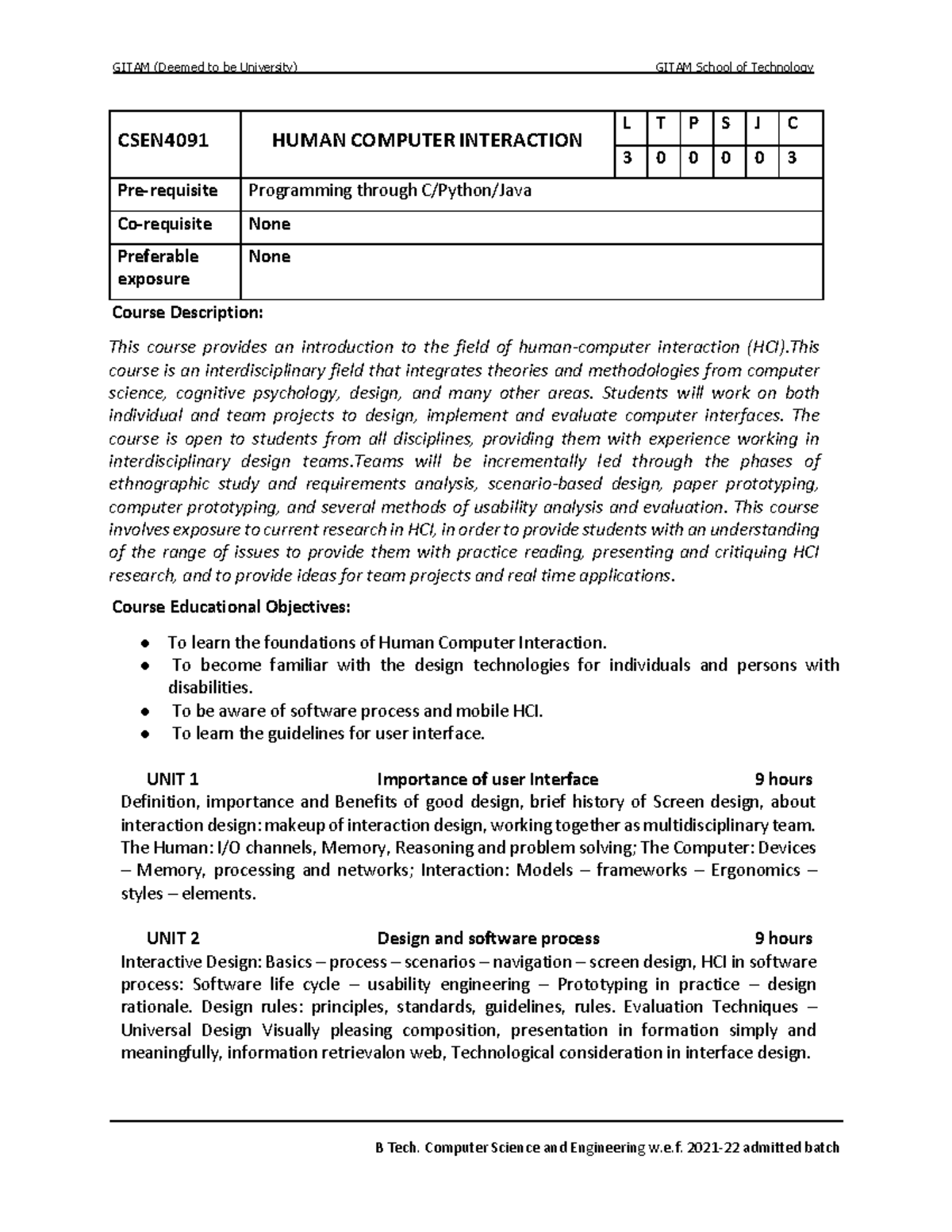CSEN4091 Human-Computer Interaction Course Overview & Objectives - Studocu