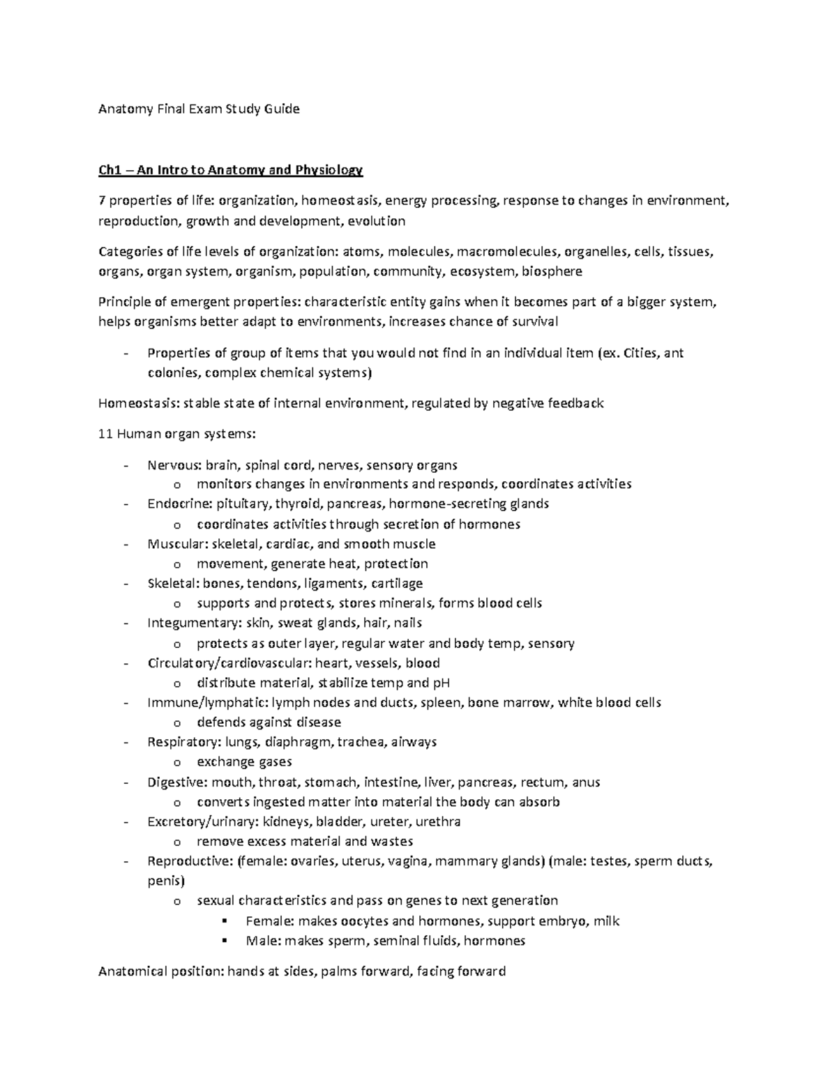 Anatomy final study guide - Anatomy Final Exam Study Guide Ch1 – An ...