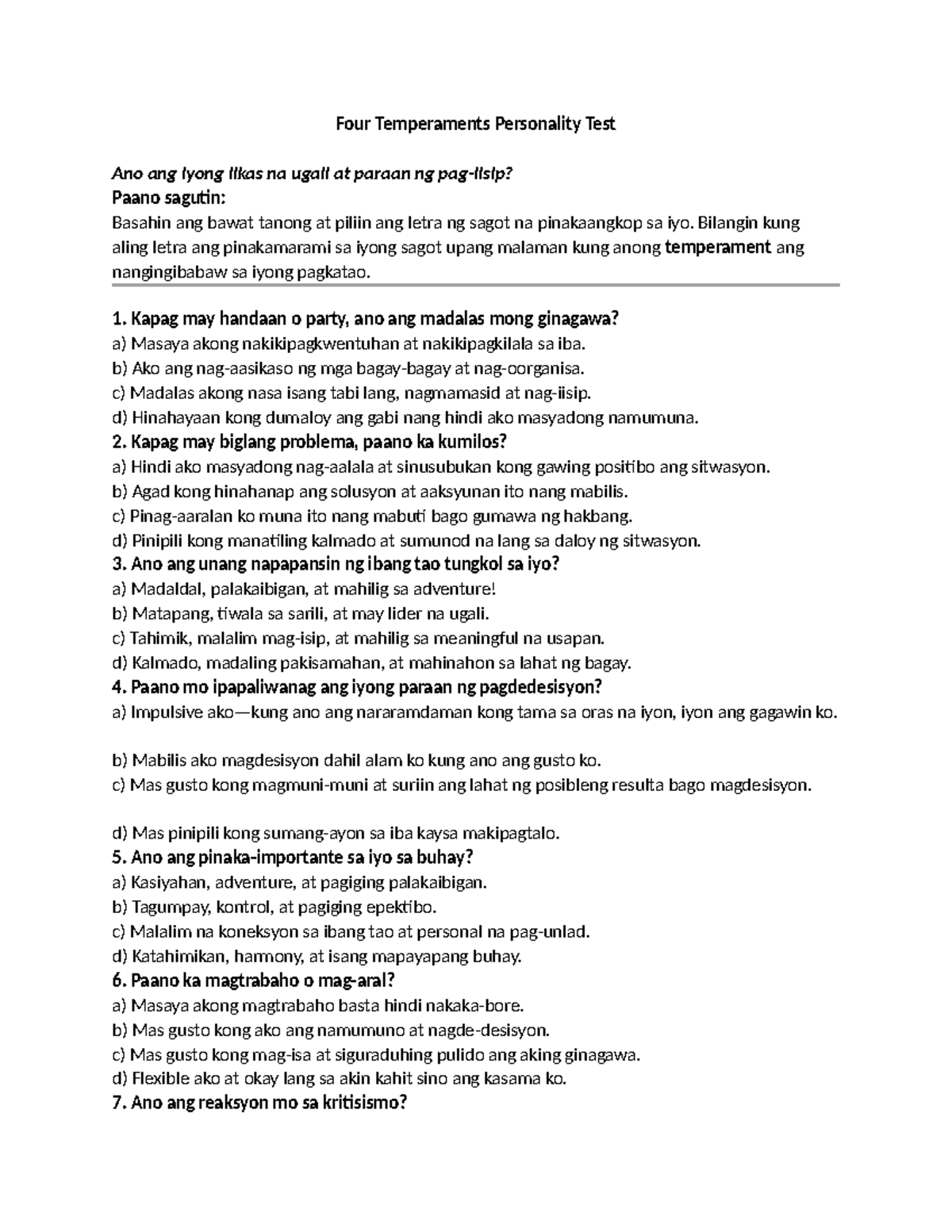 Four Temperaments Personality Test Insights: Identify Your Temperament ...