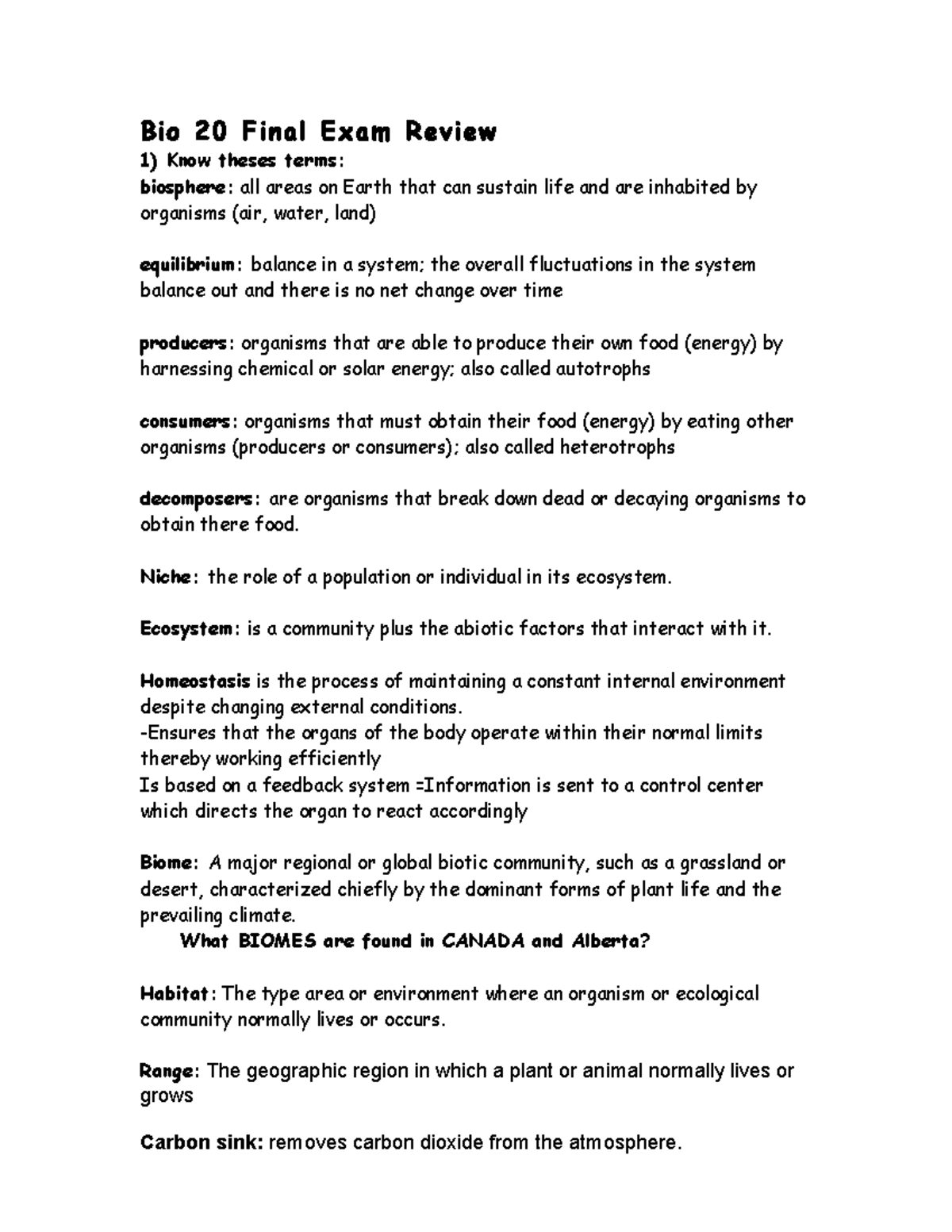 Bio 20 Final Exam Review: Key Concepts and Terminology Guide - Studocu