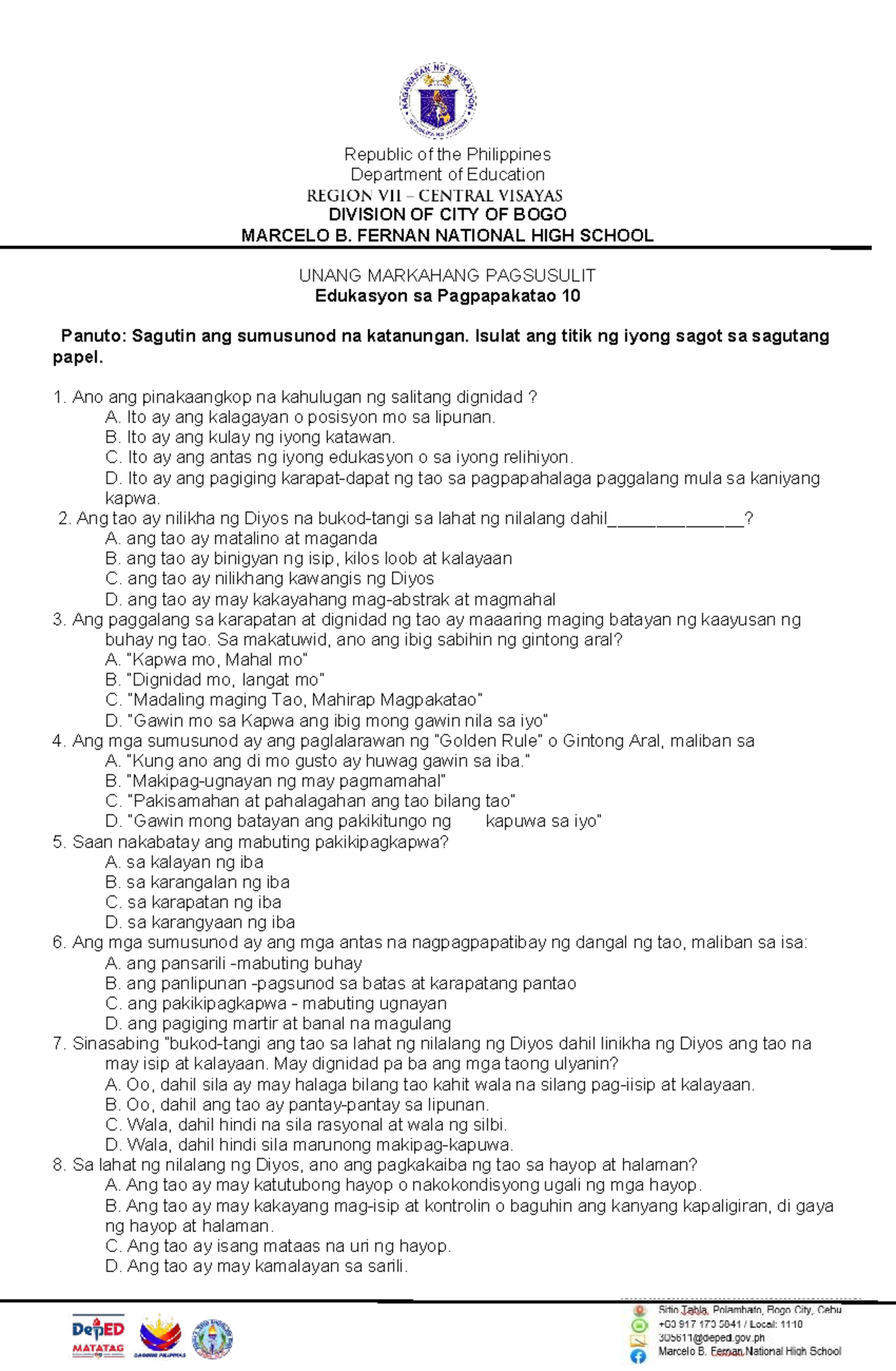 ESP 10 Q1 Periodical Exam: Unang Markahang Pagsusulit sa Edukasyon - Studocu