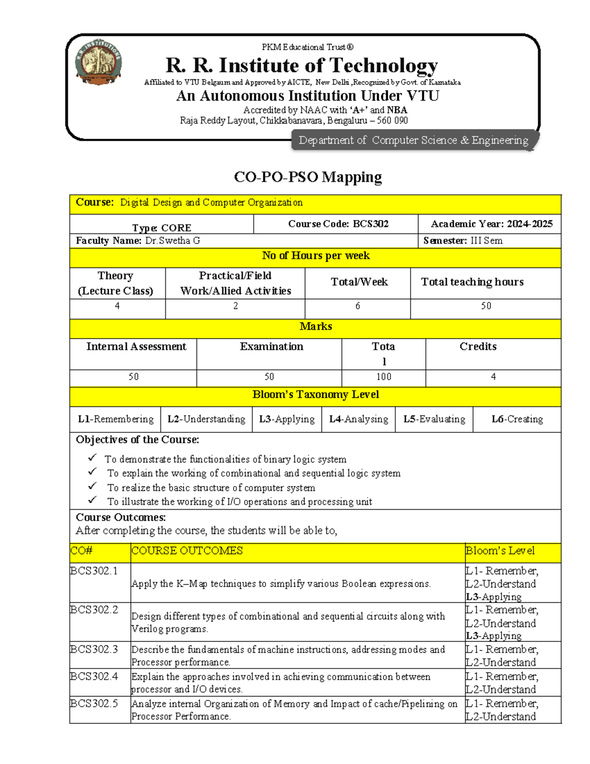 CO-PO-PSO Mapping for Digital Design and Computer Organization (BCS302 ...
