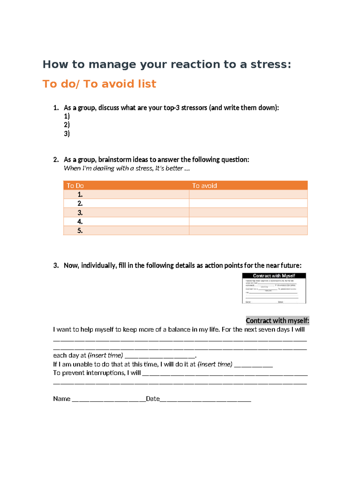 Activity 3: Managing Stress Worksheet for Group Discussion and Action ...