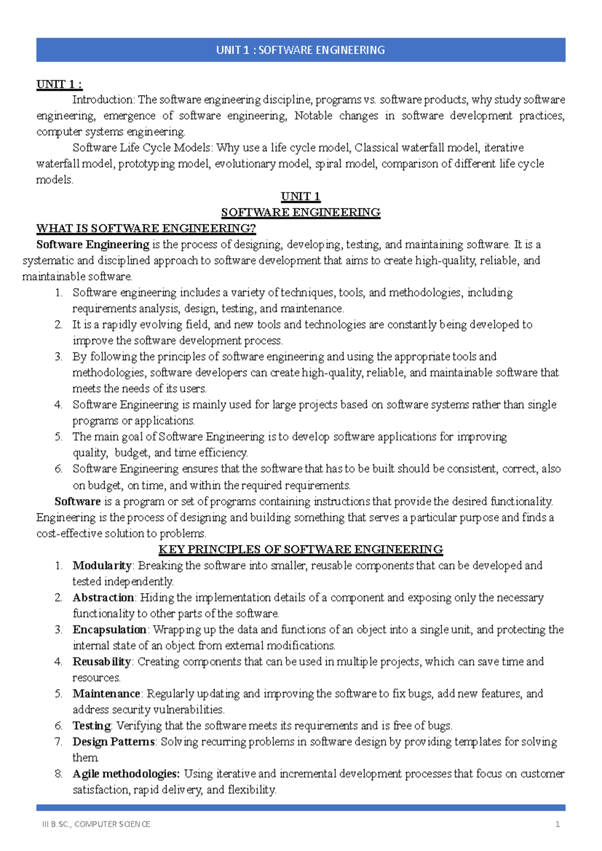B.SC. COMPUTER SCIENCE - UNIT 1: SOFTWARE ENGINEERING OVERVIEW - Studocu