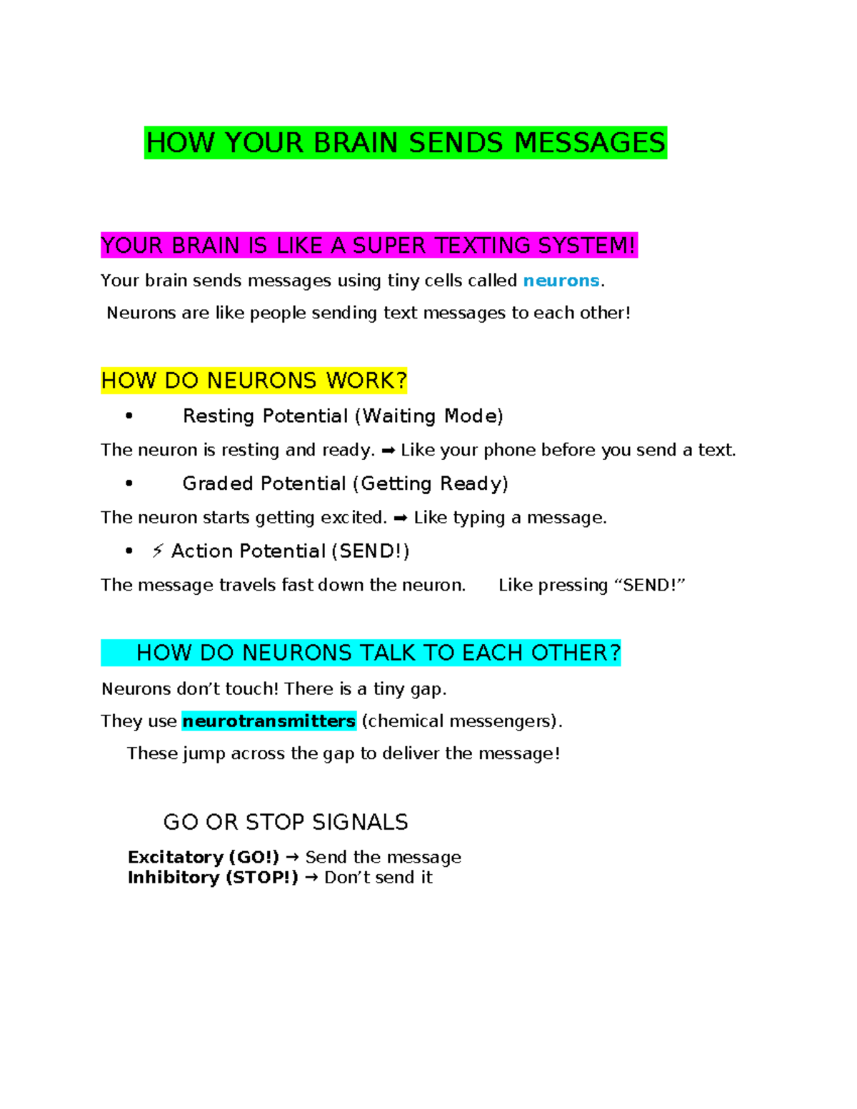 Brain Messages Poster - Assignment on Neuron Communication - Studocu