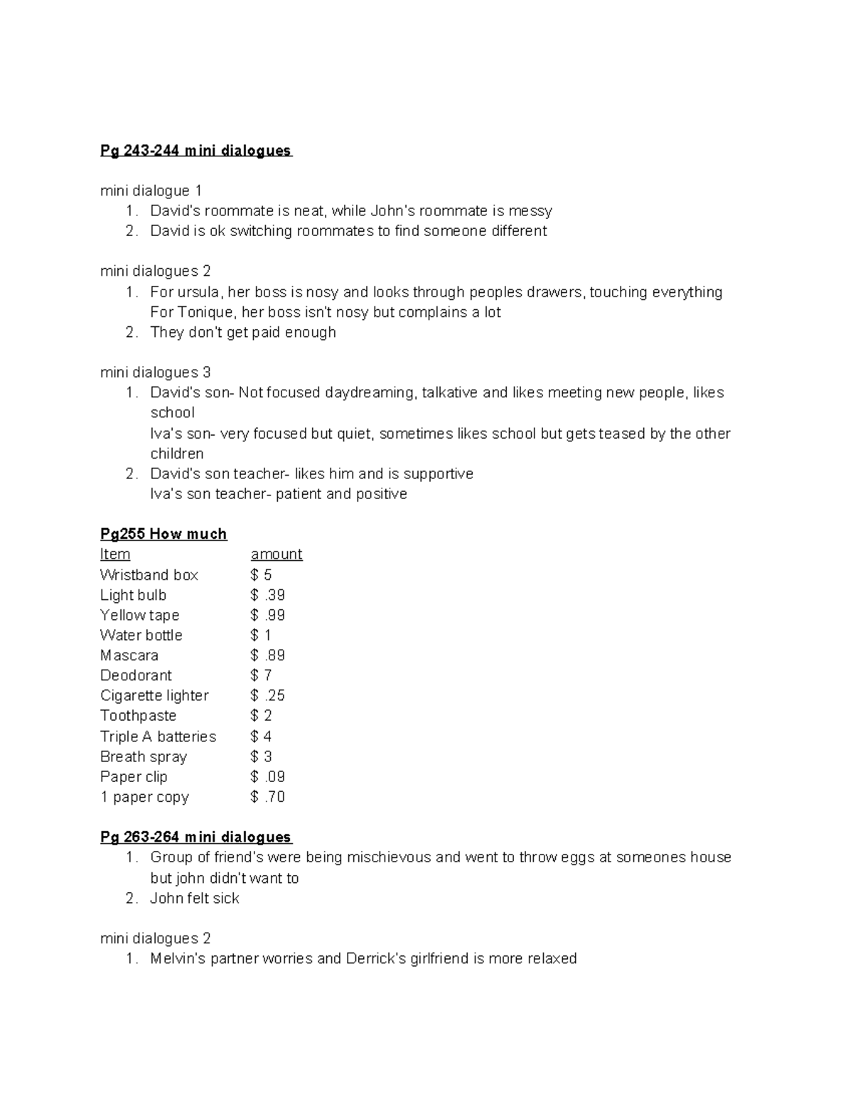 ASL Unit 10 - Homework: Mini Dialogues and Item List Analysis - Studocu